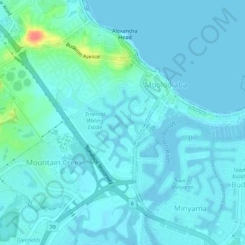 Mapa topográfico Mooloolaba, altitud, relieve