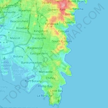 Mapa topográfico Randwick City Council, altitud, relieve