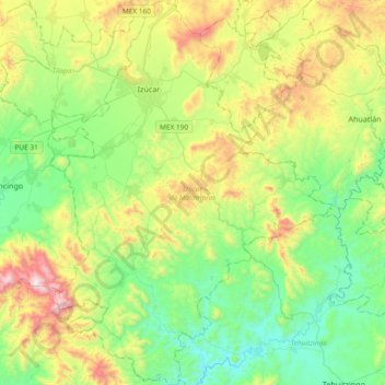 Mapa topográfico Izúcar de Matamoros, altitud, relieve